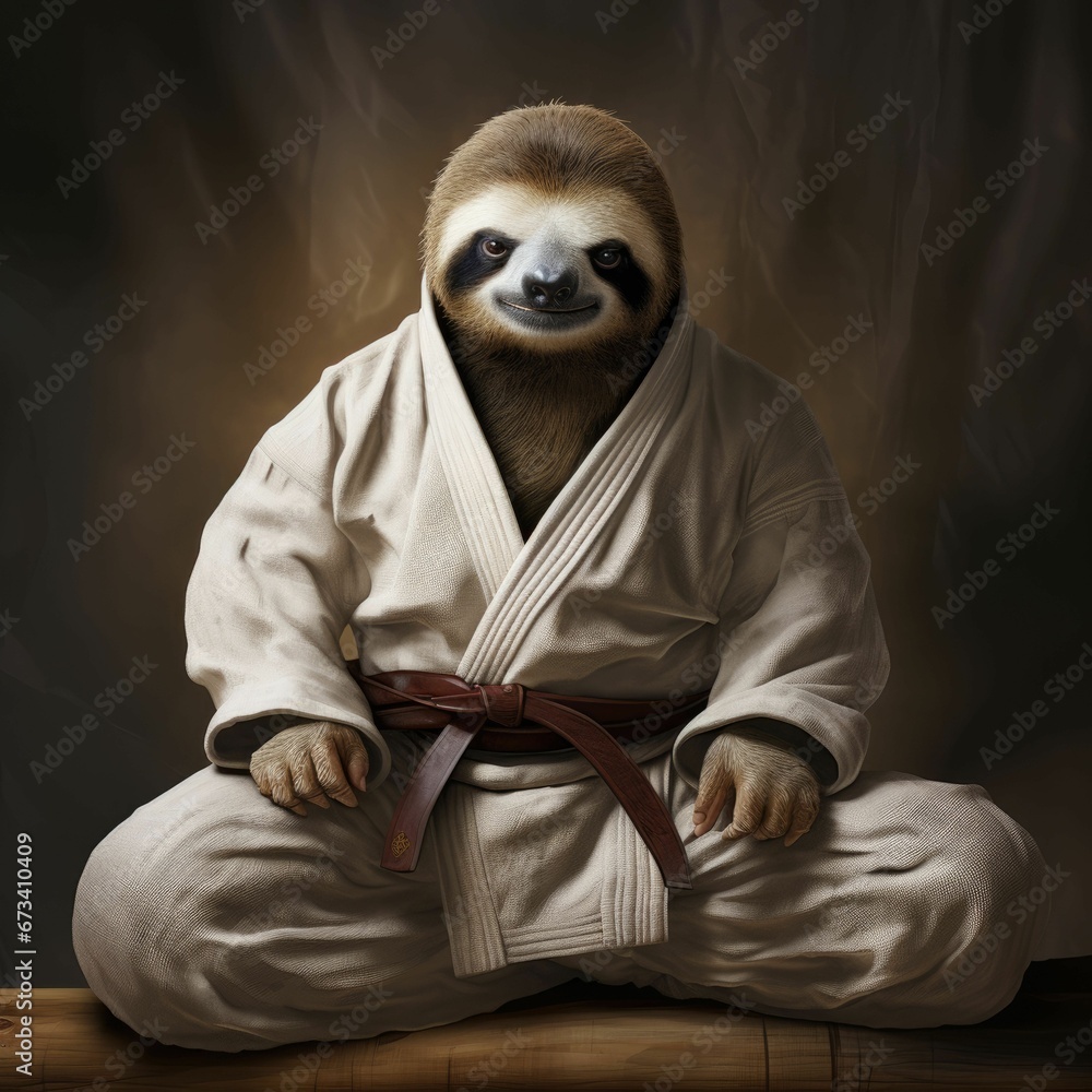 AI generated illustration of a sloth wearing a karate gi, perched in a ...