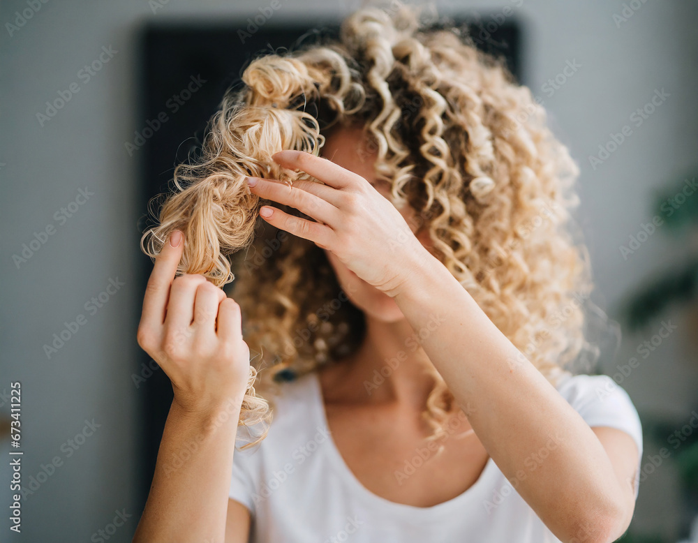 Woman scrunching her hair to form curls. Applying curly method for hair ...