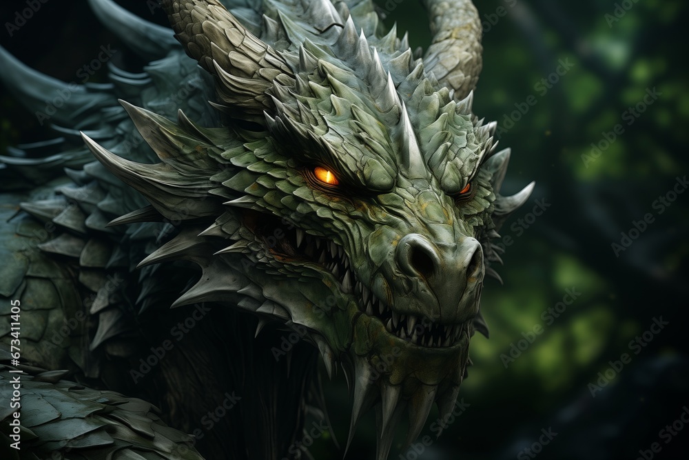 Illustration of a green fantasy dragon. Mythical formidable creature ...