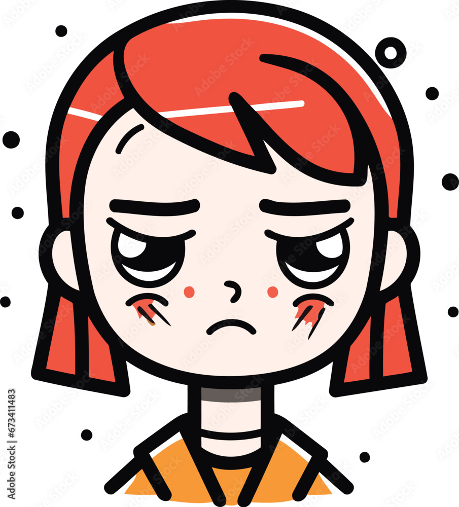 Cartoon sad girl with red hair. Vector illustration isolated on white ...