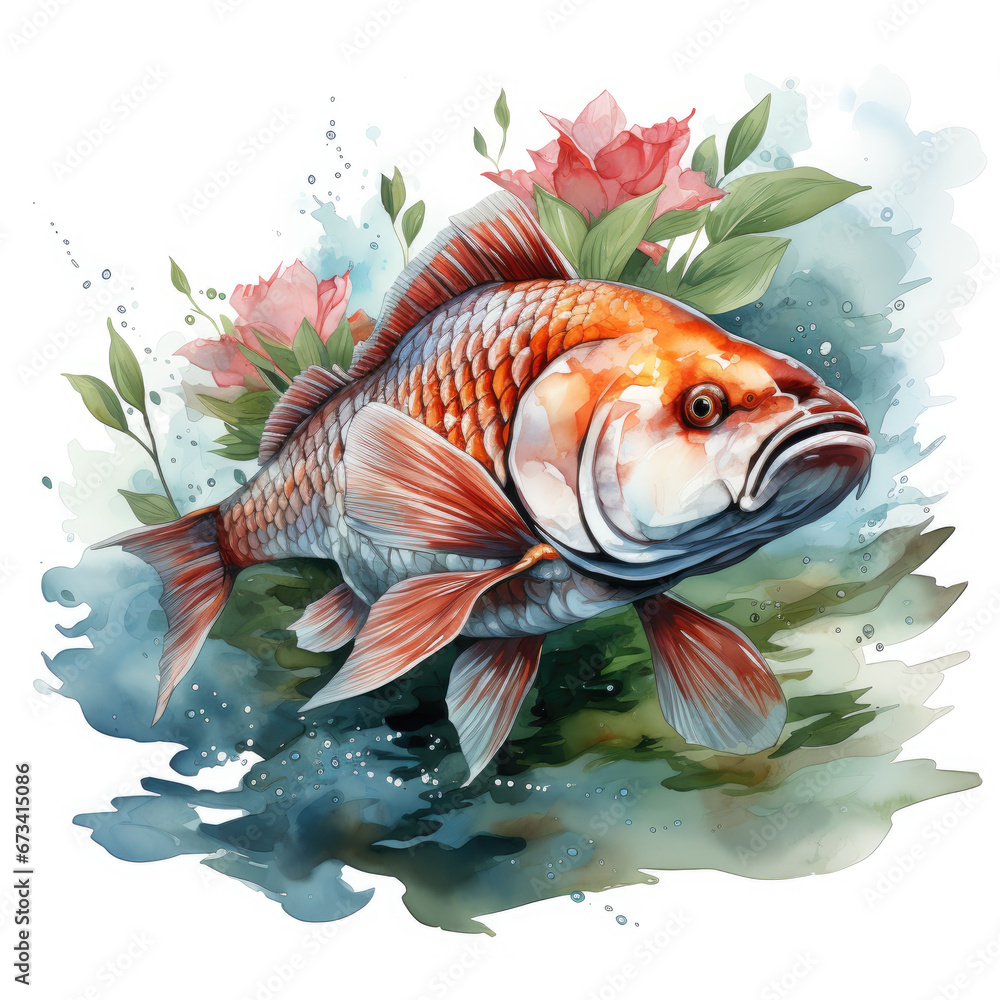 watercolor Fishing clipart, Generative Ai Stock Illustration | Adobe Stock