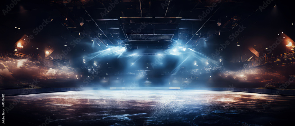 Sci-fi futuristic background with neon spotlights, smoke.Ice Rink ...