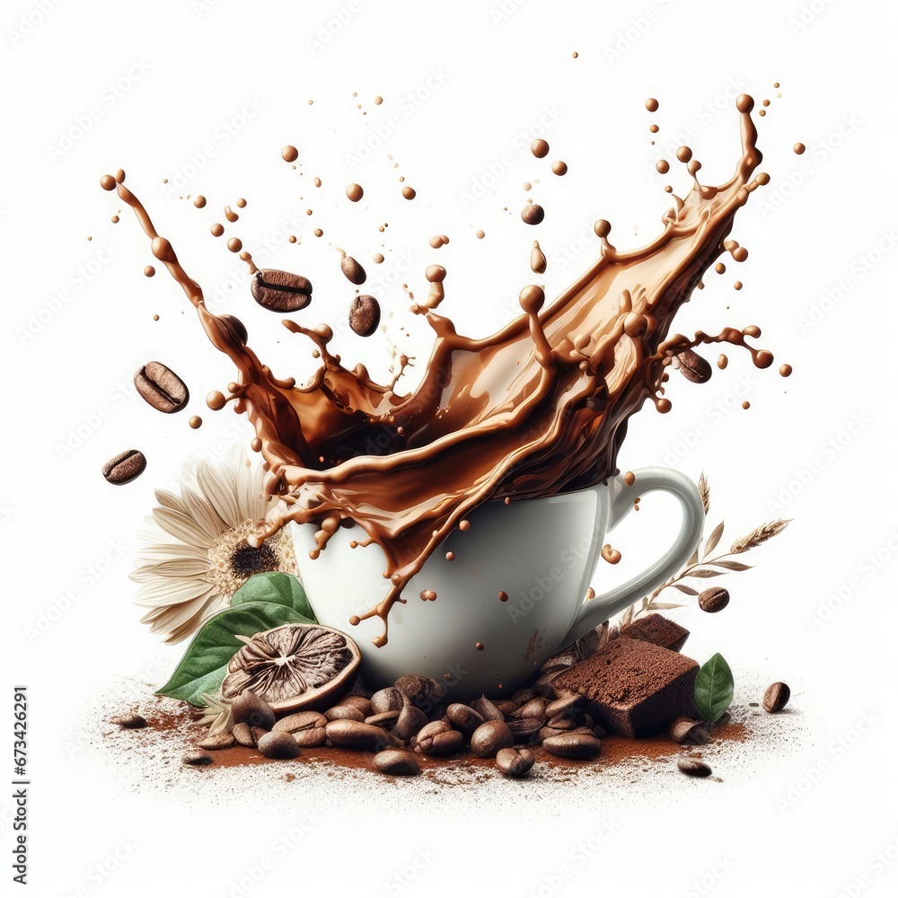 liquid spray coffee with beans splash and cup isolated on white ...