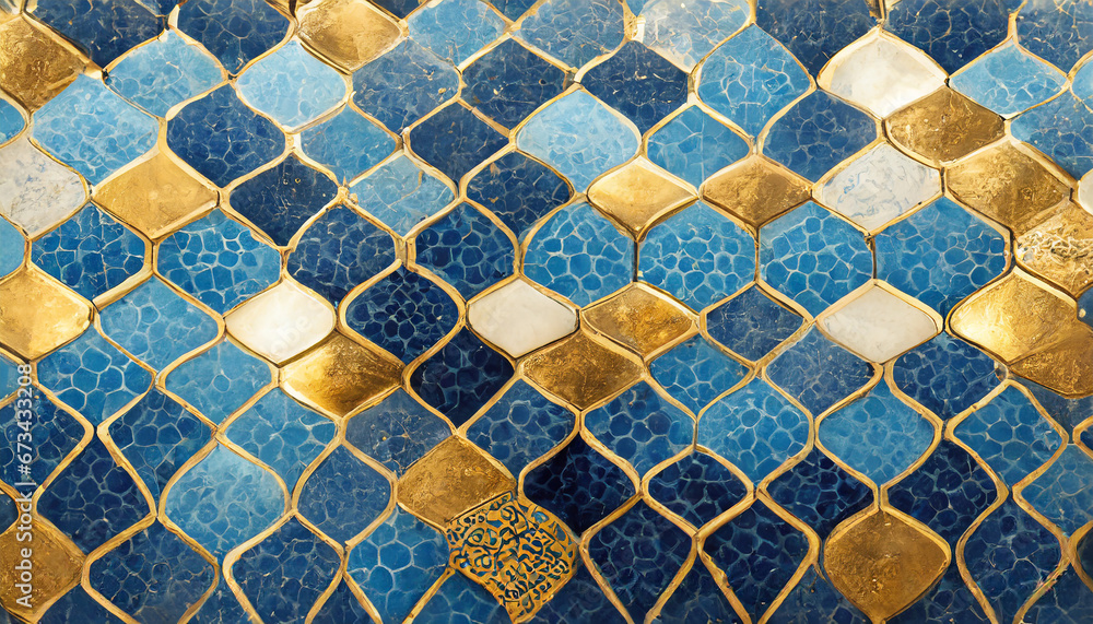 Abstract blue gold mosaic tile wall texture background illustration ...