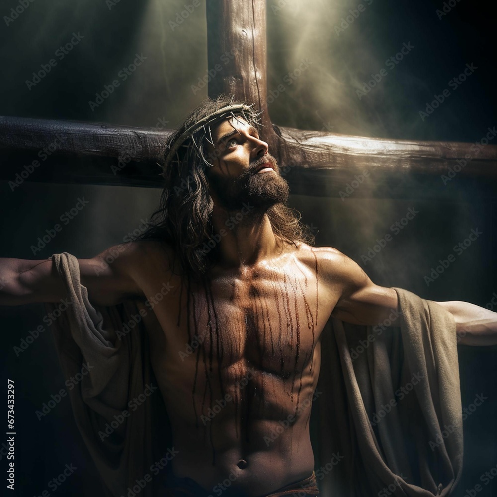 Image of Jesus Christ on the cross with a serene facial expression, AI ...