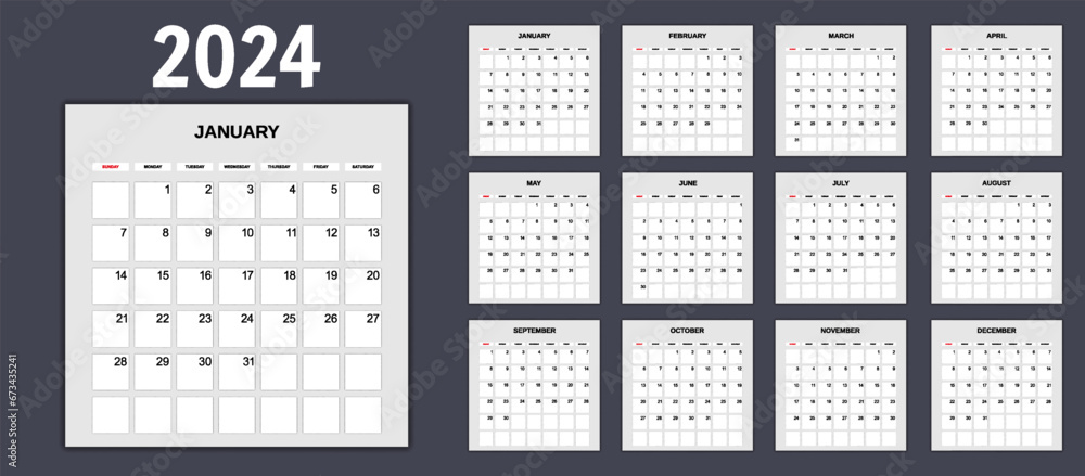 2024 Calendar, planner. Sunday start annual calendar template Stock ...