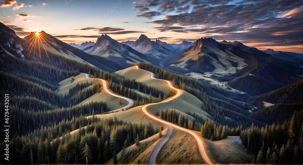 Road spreading out a green grass hills surrounded by forest trees ...