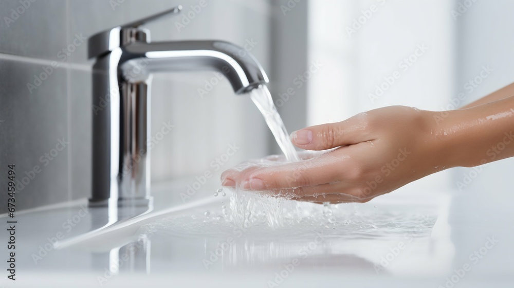 Hygiene First: Washing Soapy Hands under a Modern Bathroom Faucet ...