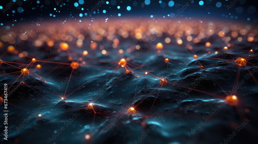 Representation of interconnected nodes and lines in a 3D wireframe ...