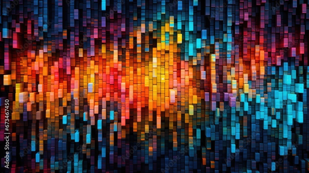 An Abstract Representation Of Pixelated Designs In Vibrant Hues Capturing The Digital Terrain