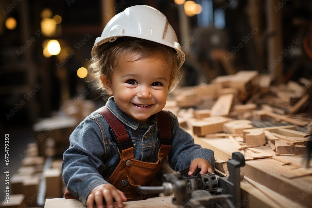 baby dressed as a carpenter and with a safety helmet inside your ...
