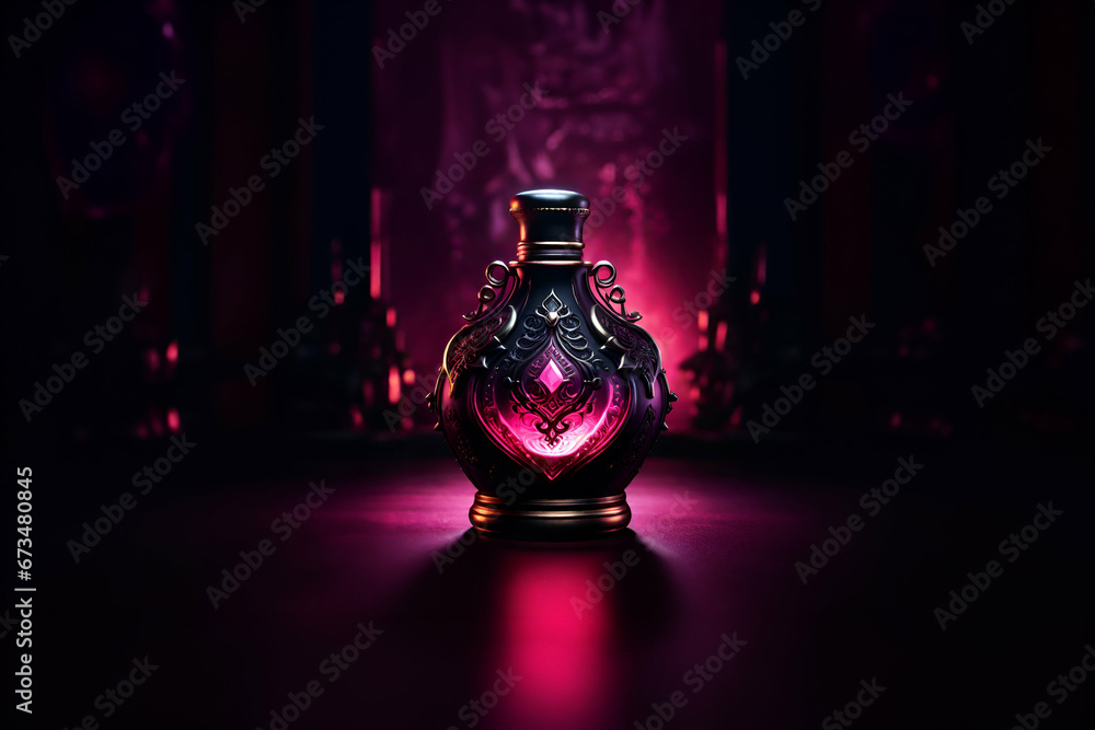 Dark metal embroidered, unique and glowing pink color magic elixir ...