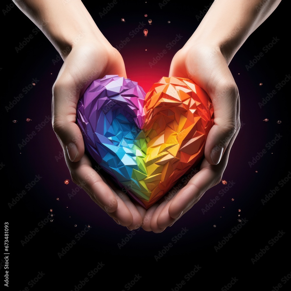 Form of a heart shape is inside of male's hands. Colors of the rainbow ...