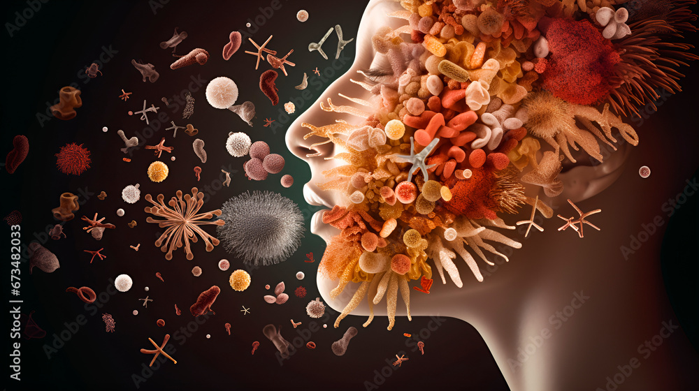 Mouth oral microbiome , bacterial microbiota art banner with empty ...