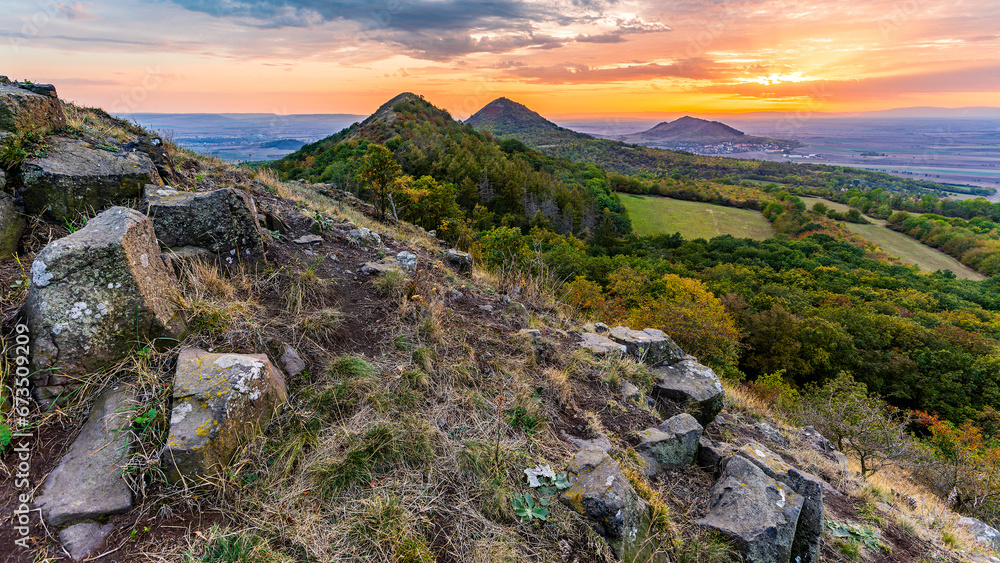Sunset among the volcanic hills of the Bohemian Highlands, photographed ...