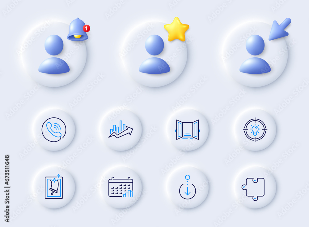 Window cleaning, Call center and Puzzle line icons. Placeholder with 3d ...