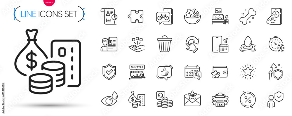 Pack of Bike app, Spanner and Loan percent line icons. Include Phone ...