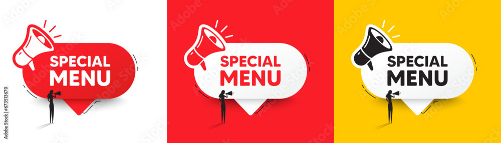Special menu tag. Speech bubble with megaphone and woman silhouette ...