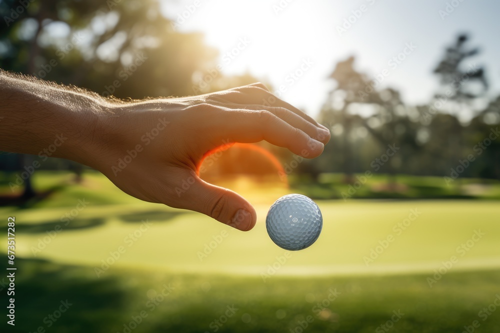 hand catching a flying golf ball on a blurred green course background ...
