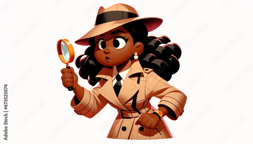 2D illustration of a black woman (african american) detective searching ...