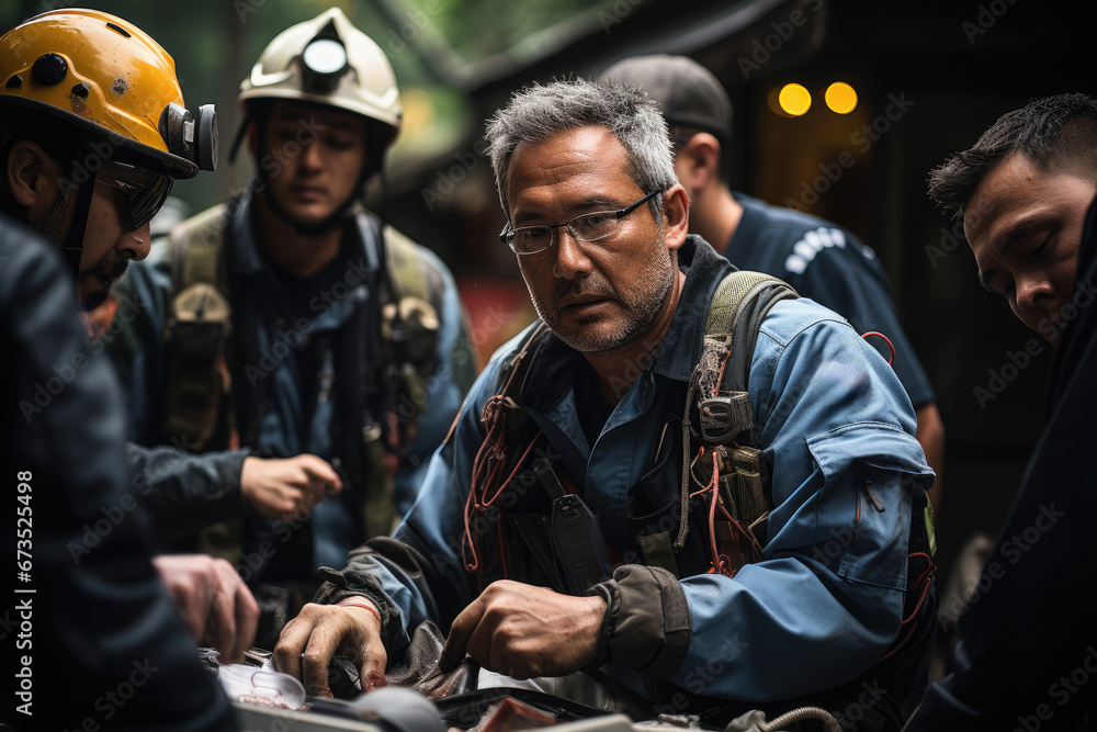 Emergency responders working together during a disaster simulation ...