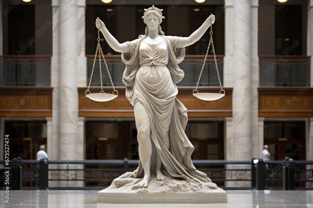 Statue of Lady Justice with scales and blindfolded in a courthouse with ...