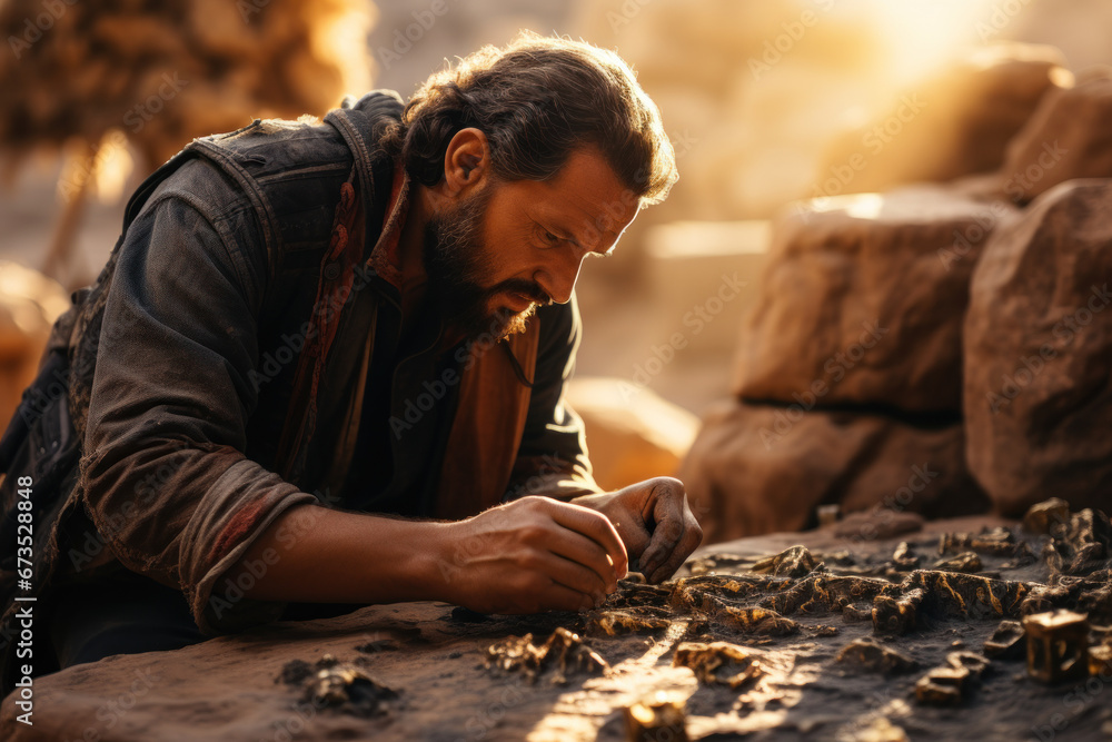 An experienced archaeologist carefully brushes away dirt to uncover ...