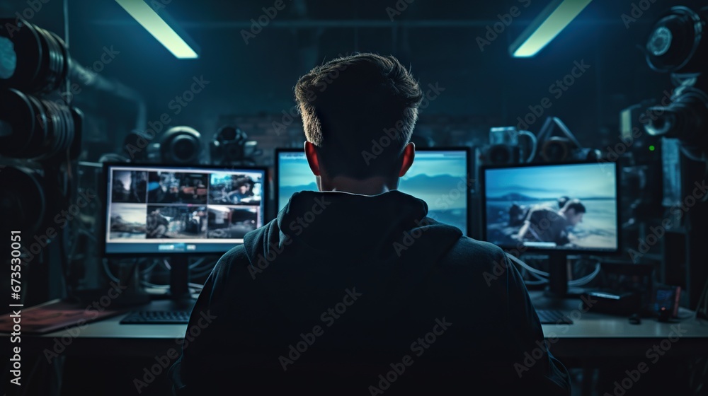 realistic man, sitting on laptop, back facing camera, in an office ...