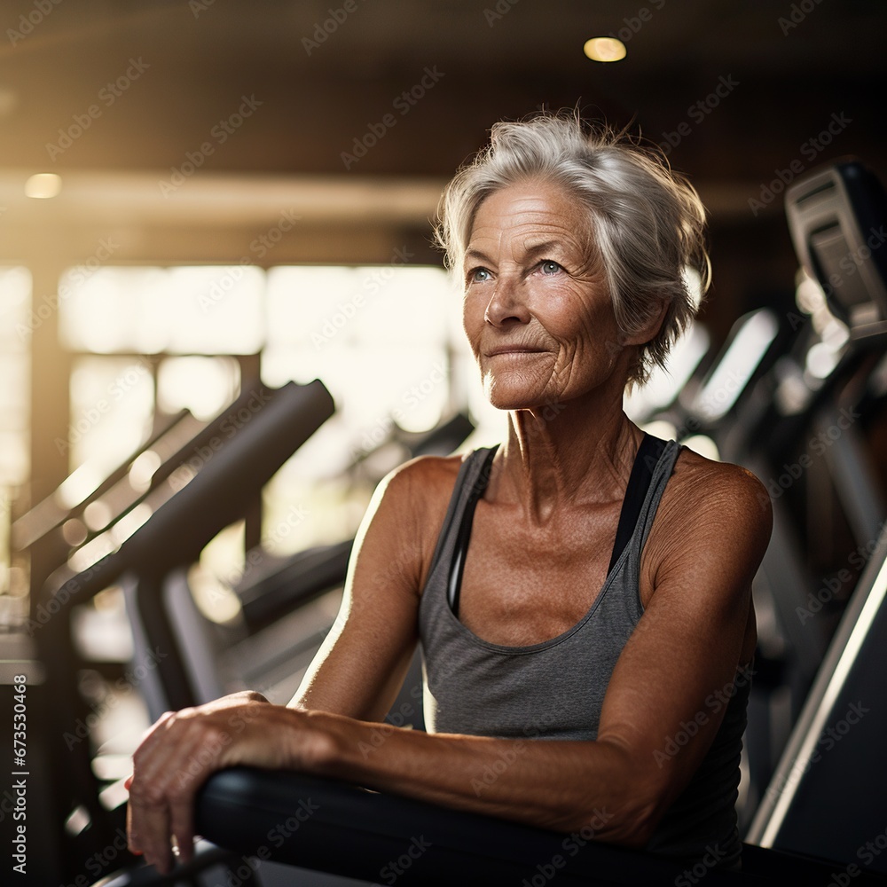 75 years old woman, in a gym, fitness equipment, no muscle mass ...