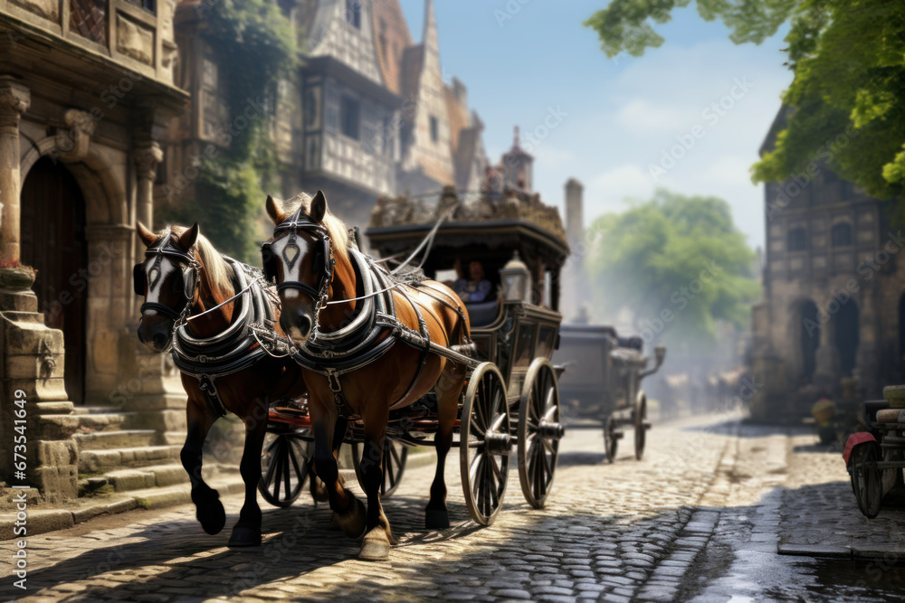 An 18th-century horse-drawn carriage traveling through a cobblestone ...