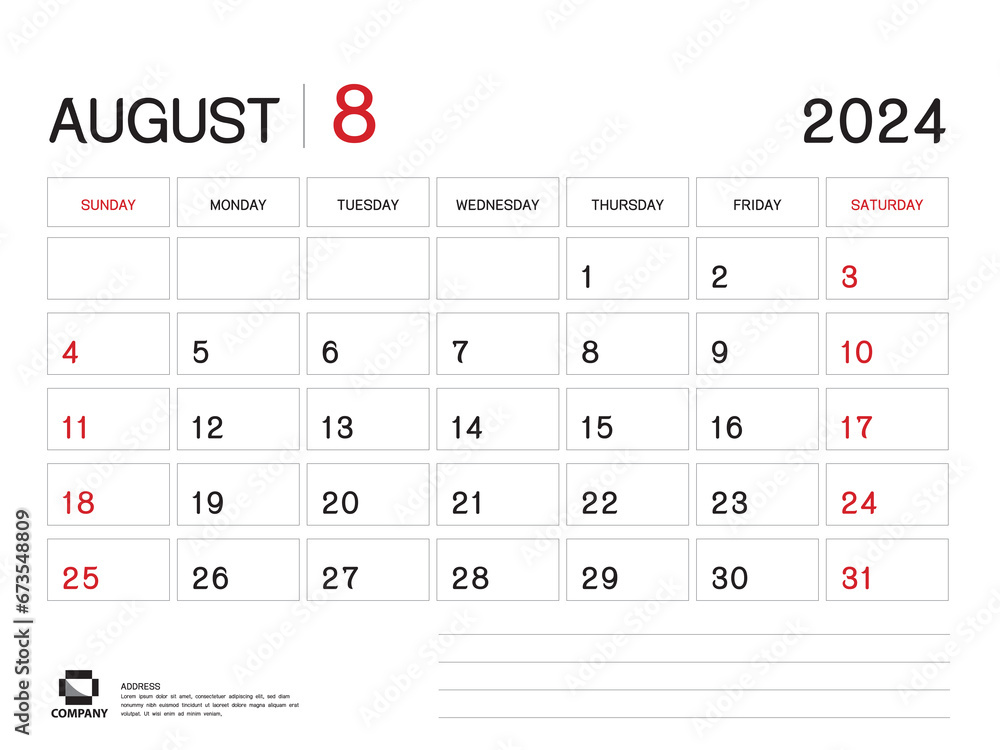 Calendar 2024 Vector- August 2024 year planner template, Desk Calendar ...
