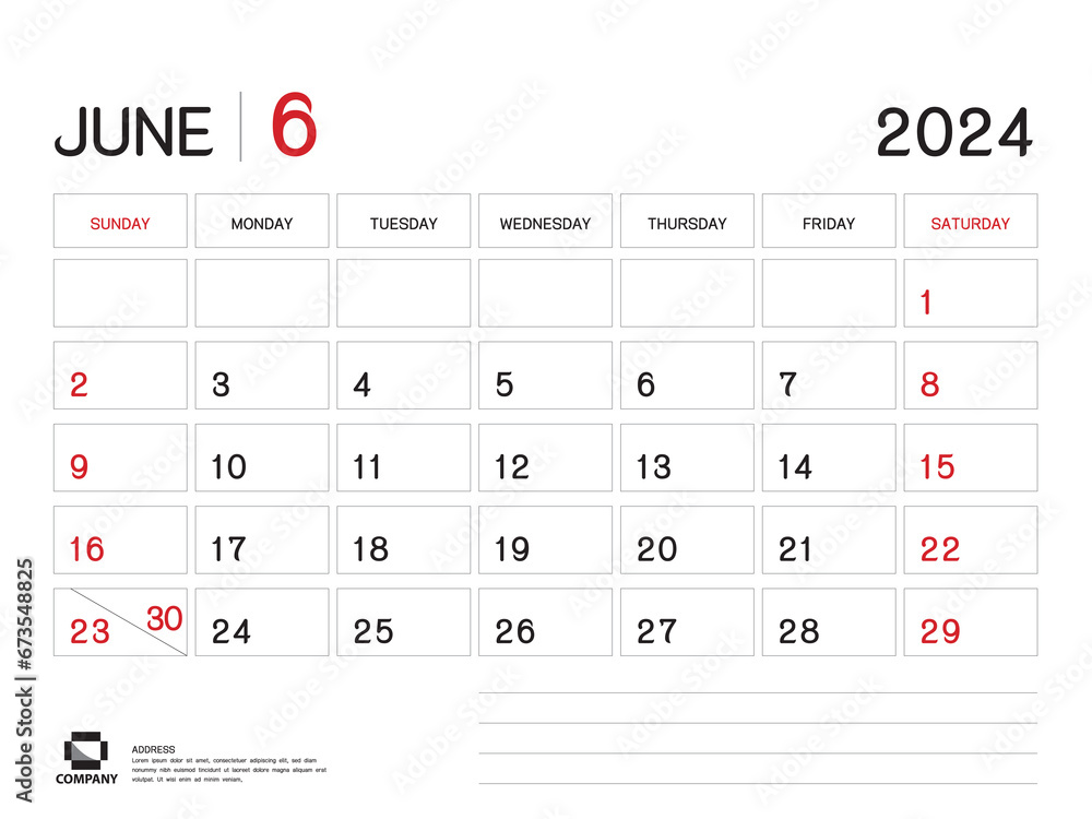 Calendar 2024 Vector- June 2024 year planner template, Desk Calendar ...