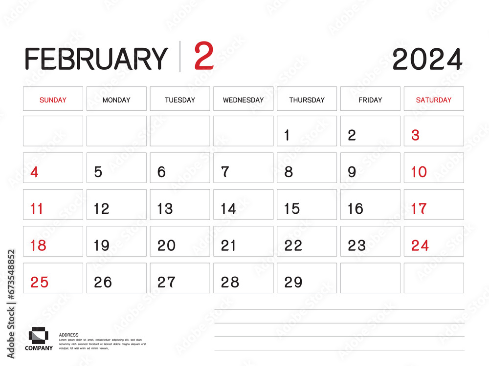 Vetor de Calendar 2024 Vector- February 2024 year planner template ...