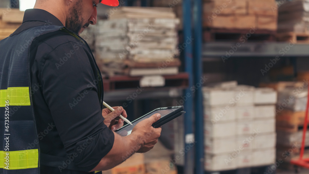 Close up Hispanic men hands using pen touch smart tablet Warehouse ...