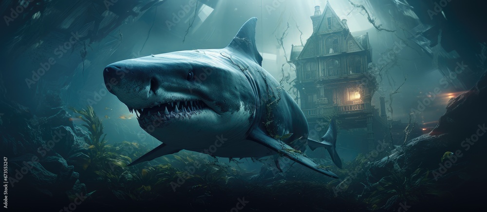 A sea themed dwelling featuring a massive shark image edit floating ...