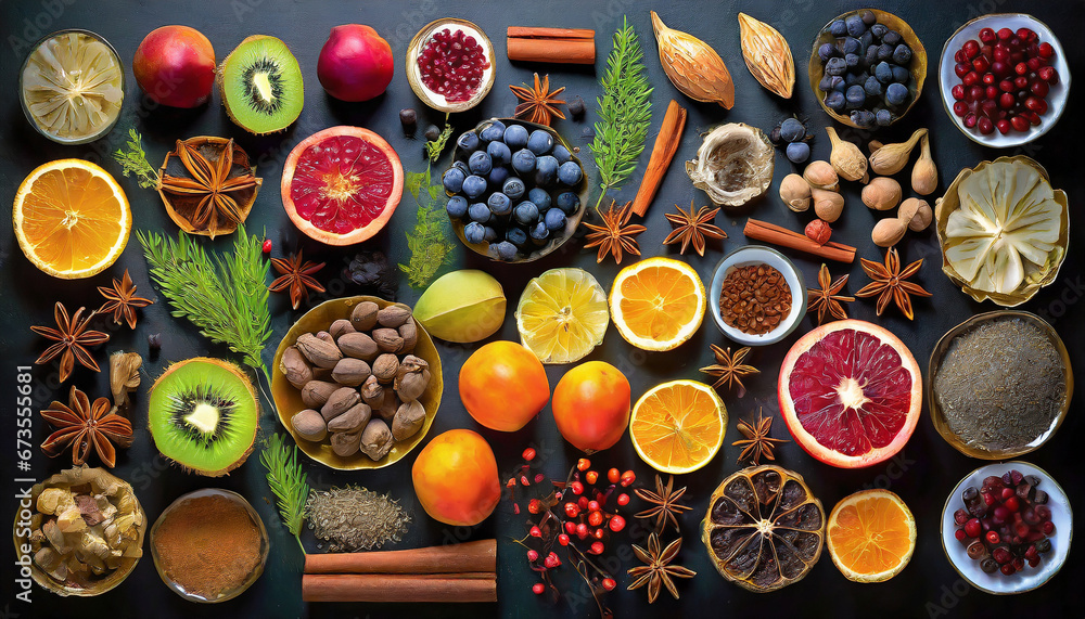 Citrus Fruits and spices on a dark surface Stock Photo | Adobe Stock