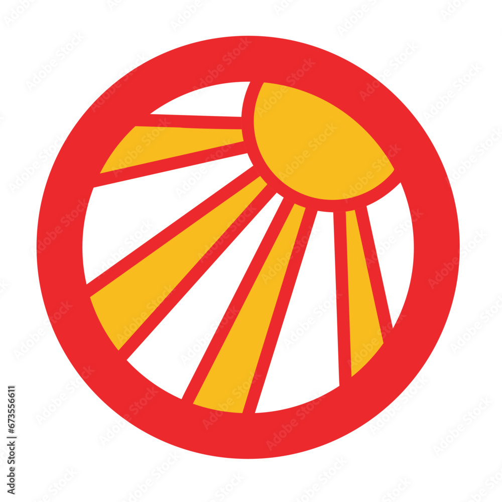 Yellow sun with red outlines inside a red circle. Isolated vector ...
