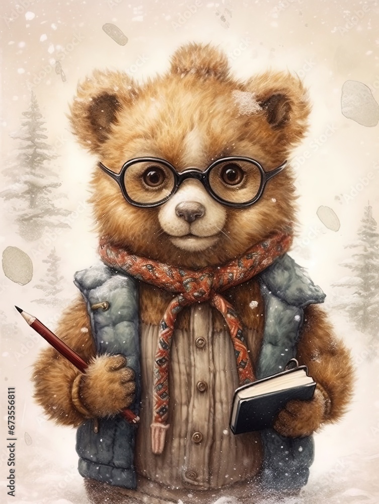 Vintage pencil drawing of a teddy bear dressed in a coat and scarf for ...