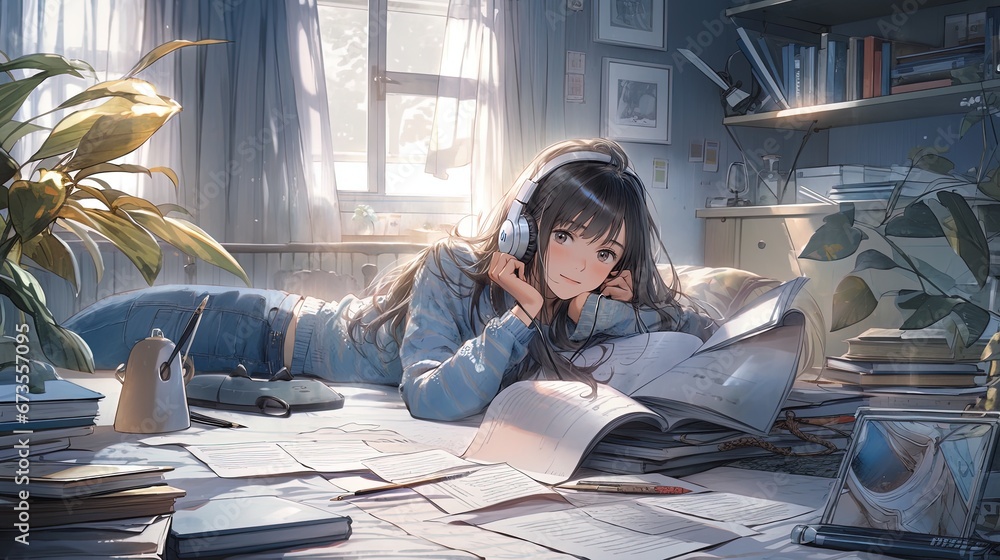 Manga-anime style illustration of a young woman in her bed with ...