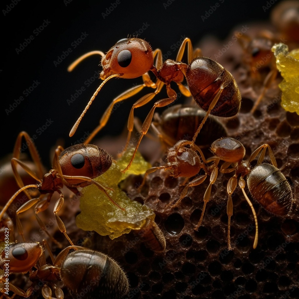 AI-generated illustration of a group of ants examining a yellow object ...