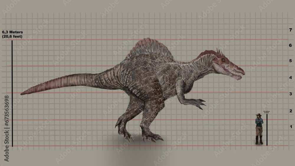 Man's Height Compared To Spinosaurus On Graph Grid. animation, zoom-out ...