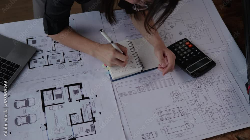 Engineer or architect working and calculations on paperworks blueprints ...