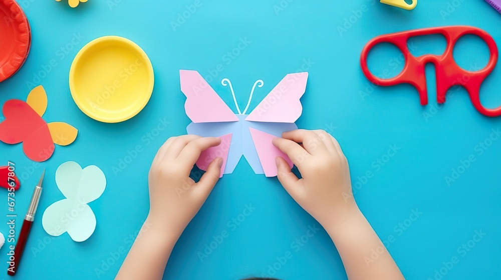 Little child hands holding glue stick and gluing colorful butterfly ... Little child hands holding glue stick and gluing colorful butterfly ...