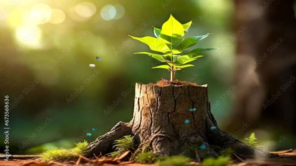 View of young tree with green leaves emerging from old tree stump on ...