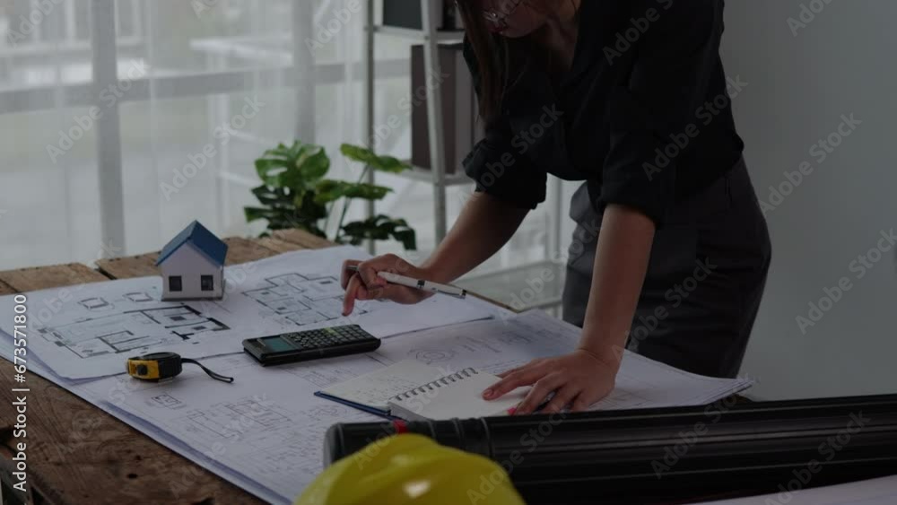 Engineer or architect working and calculations on paperworks blueprints ...