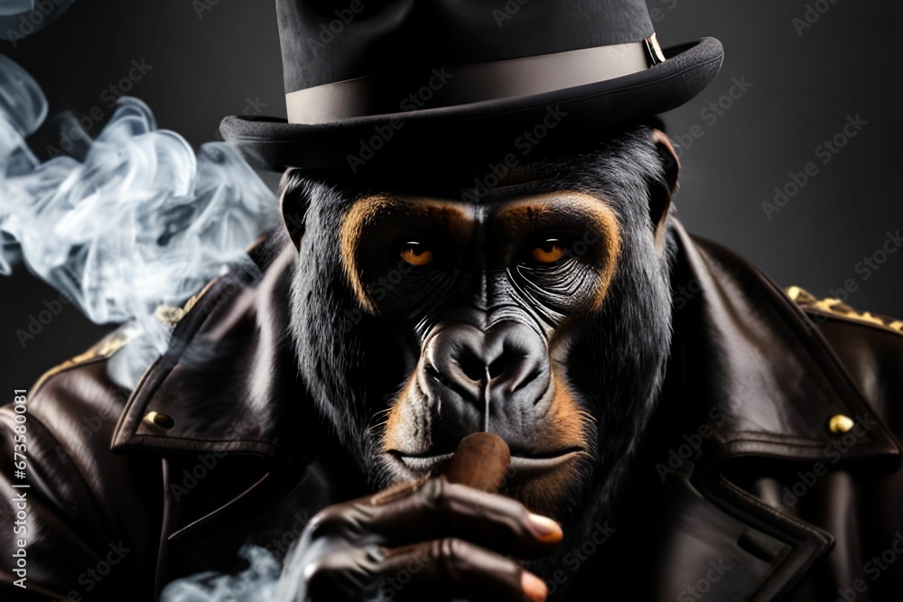 AI generated illustration of a gorilla in a stylish hat and leather ...