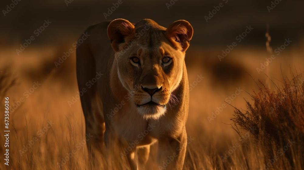 AI generated illustration of a majestic lion striding through a lush ...