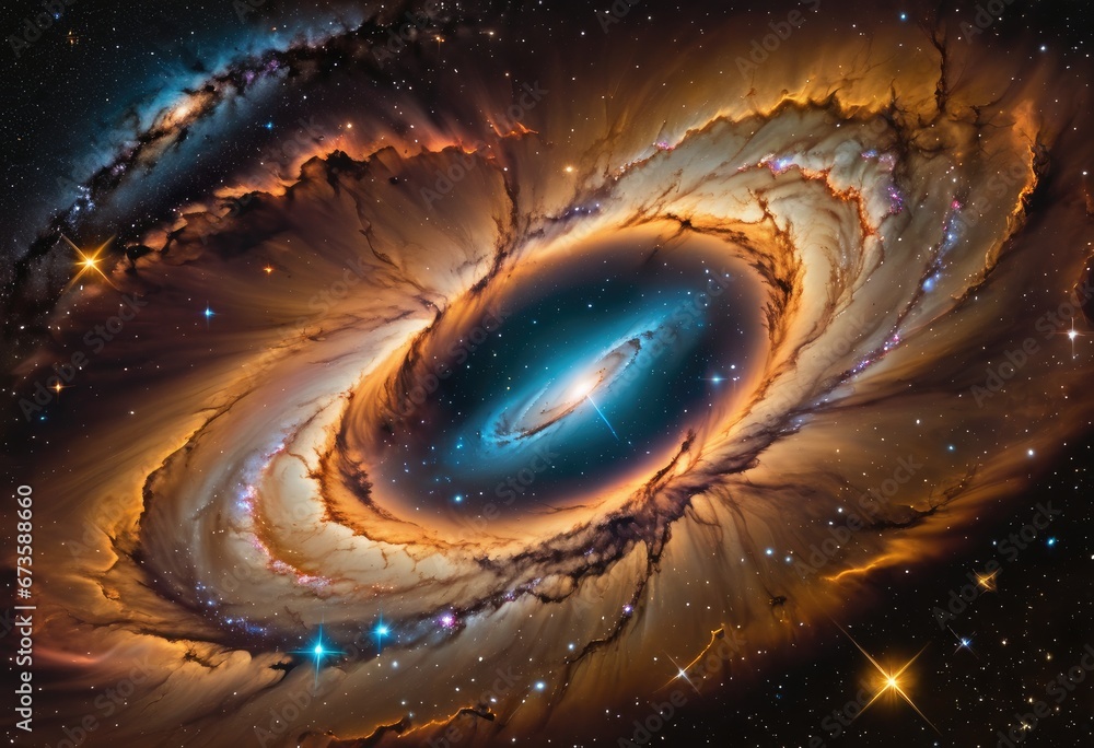 A stary night cosmos with a brown and gold space galaxy cloud nebula ...