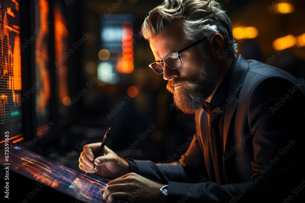 Trader making notes and calculations with a pen and paper in a trading ...