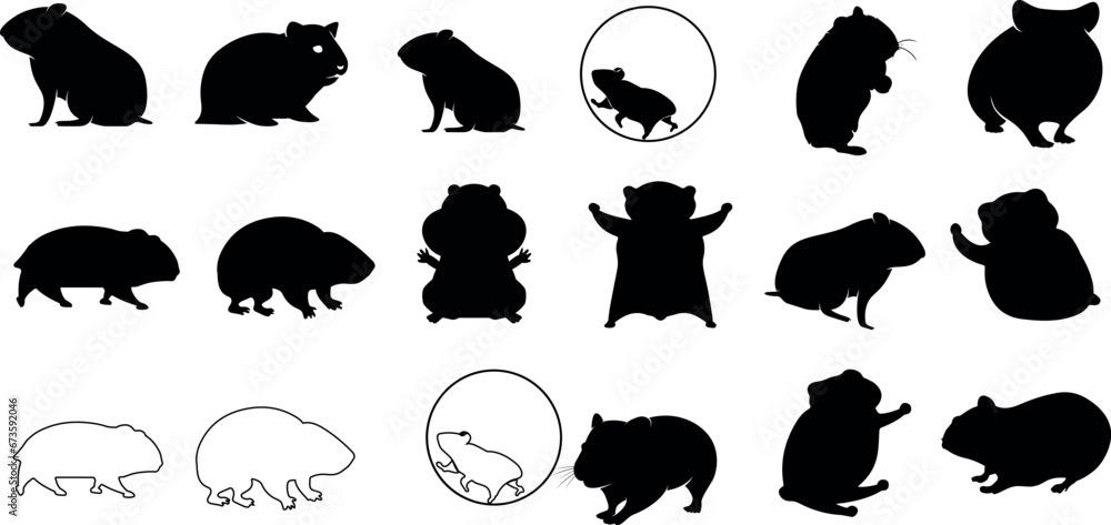 Hamster silhouette vector set, black and white. Perfect for pet lovers ...